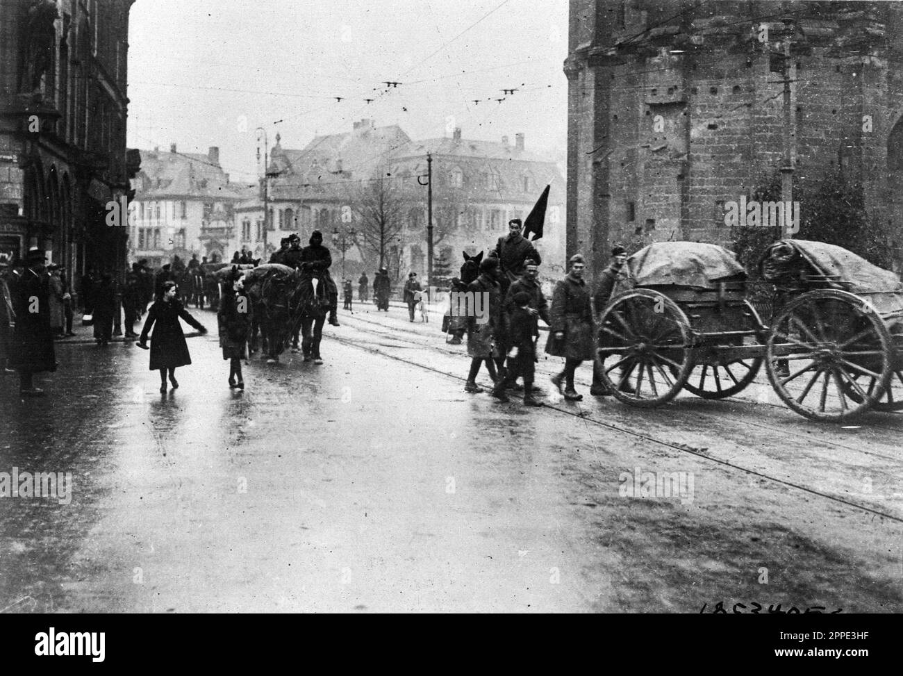 American soldiers marching into Treves, Germany in 1919 during the ...