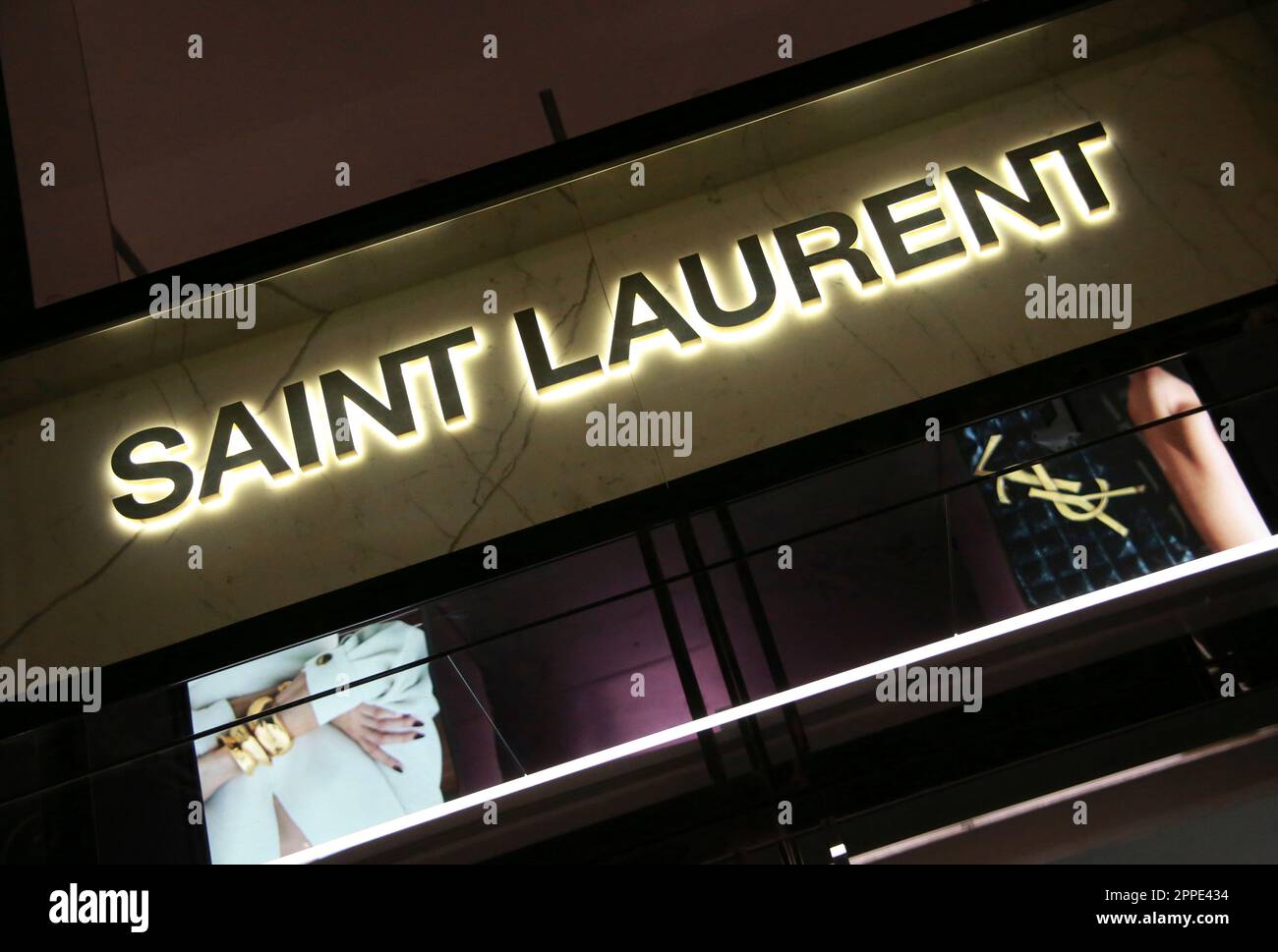 The logo of Yves Saint Laurent (YSL) is seen in Shibuya Ward, Tokyo on ...