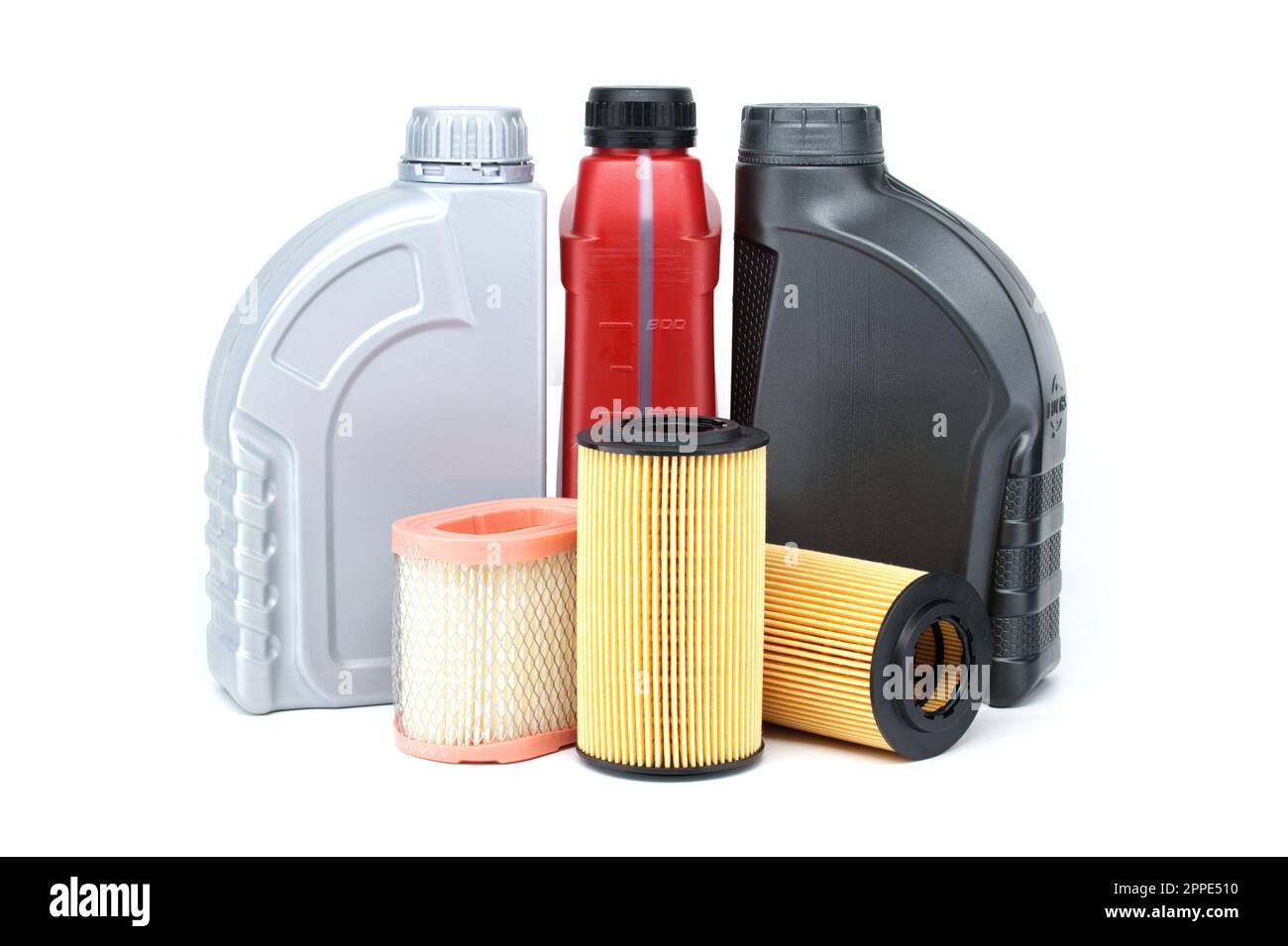 Vehicle engine oil filters elements and motor oil cans isolated on a ...
