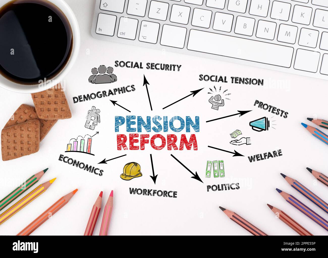 Pension Reform Concept. Chart with keywords and icons. White office ...