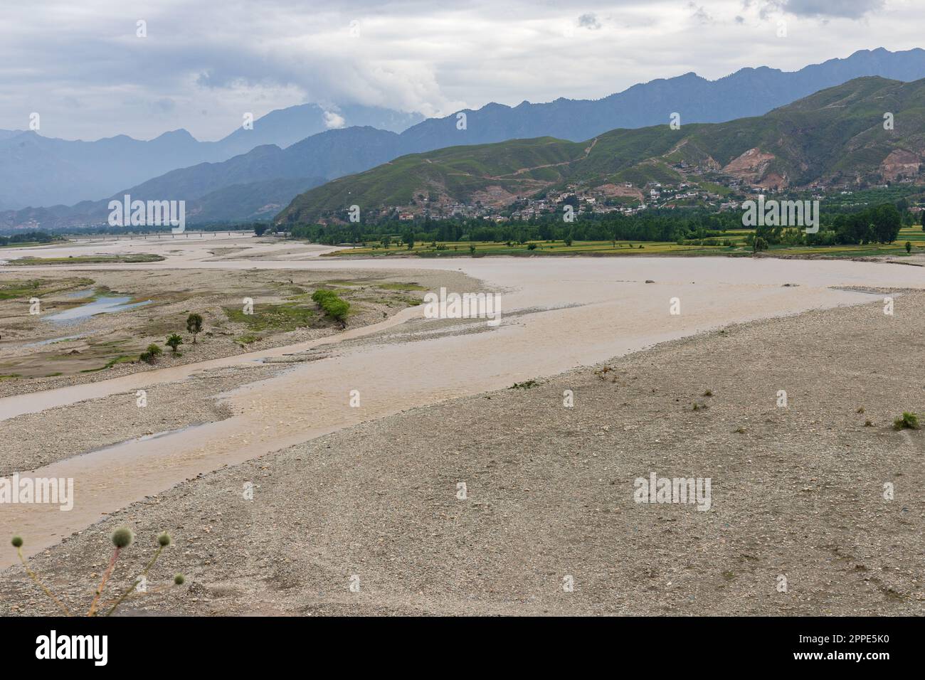 High angle view of flood in river swat river in countryside of Pakistan ...