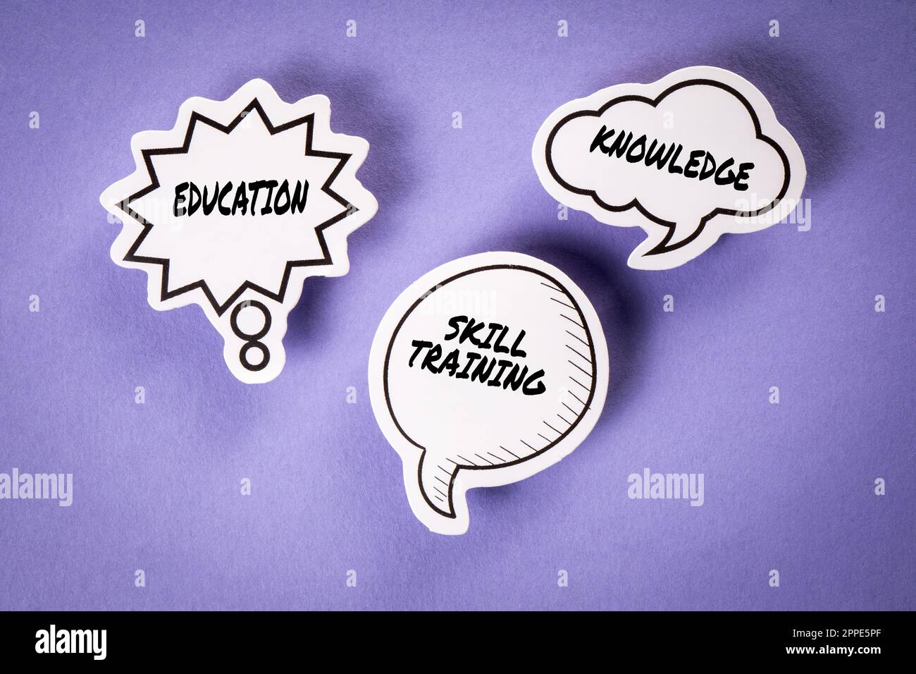 SKILL TRAINING, EDUCATION and KNOWLEDGE. Speech bubbles with text on ...