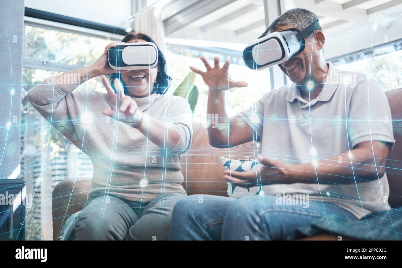 Senior couple, vr and sofa in home living room with holographic overlay ...