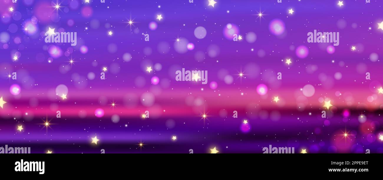 Purple background with bokeh and glitter. Golden glitter and stars ...