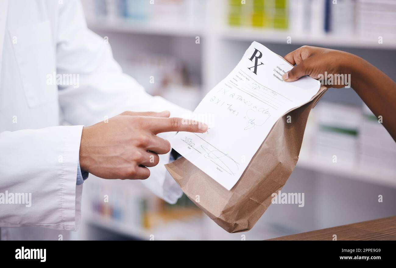 Bag, medicine or pharmacist hands a person healthcare prescription ...