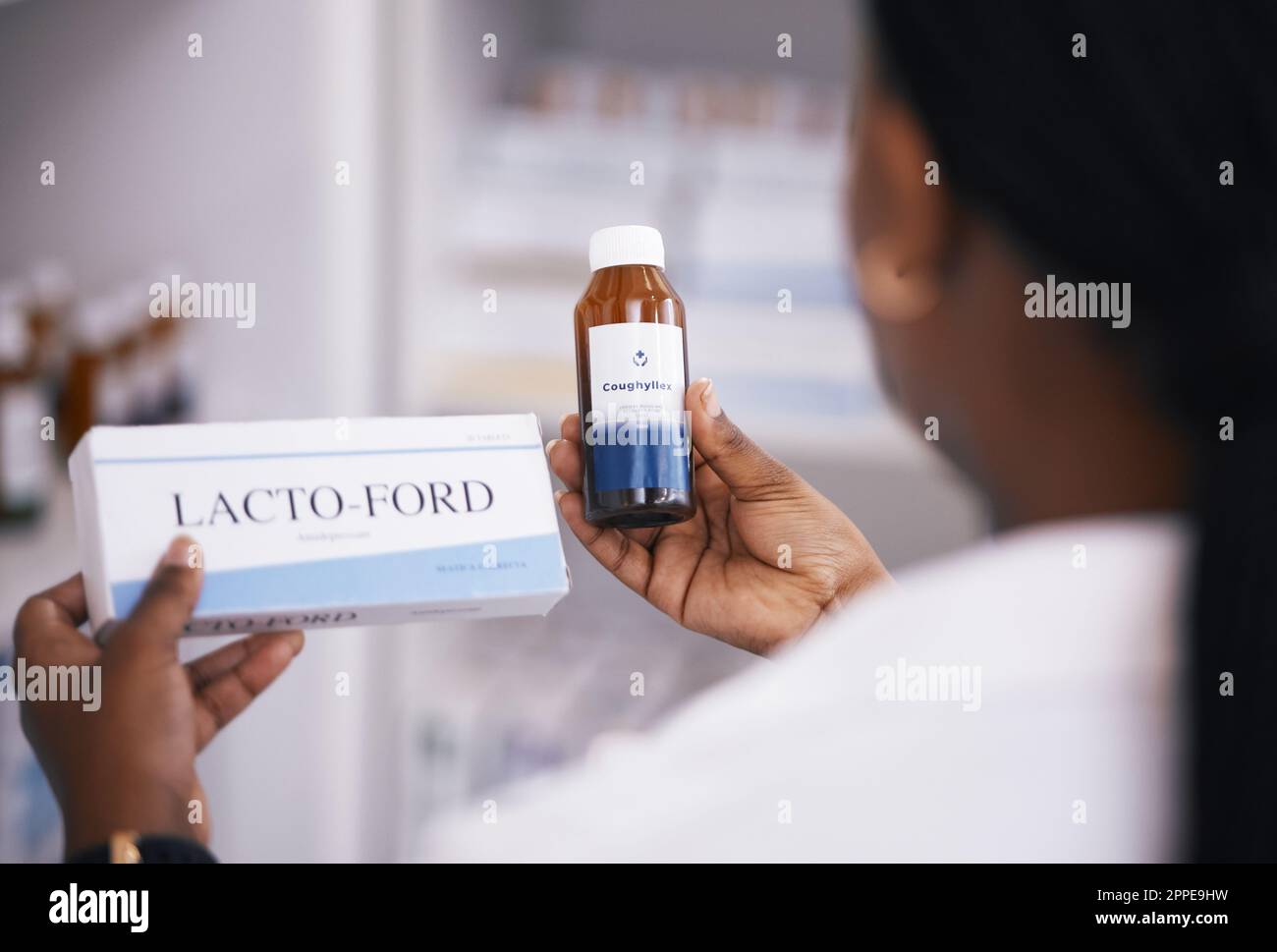 Woman checking label pill hi-res stock photography and images - Alamy