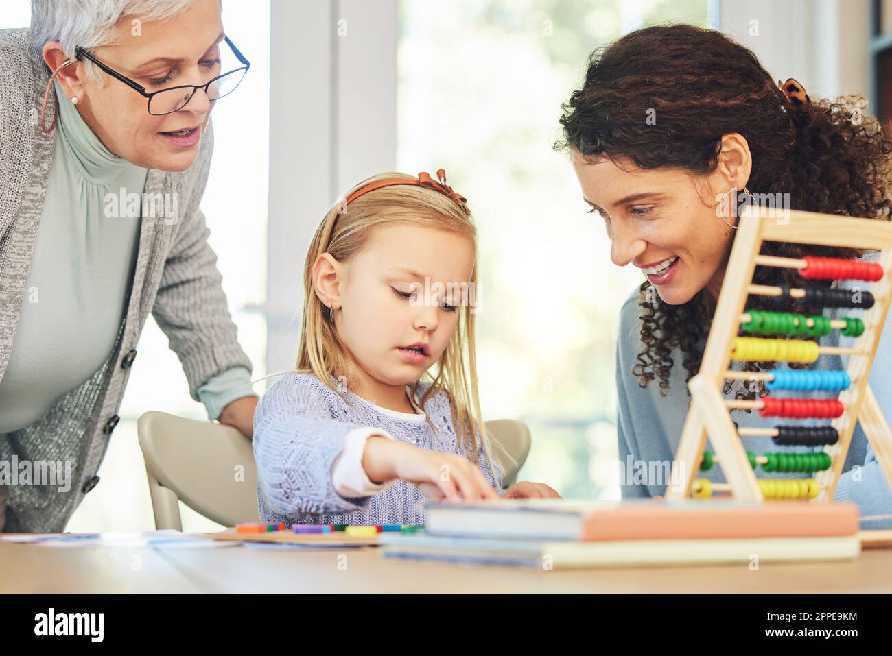 Education with grandmother, mom and girl in home with abacus for lesson ...