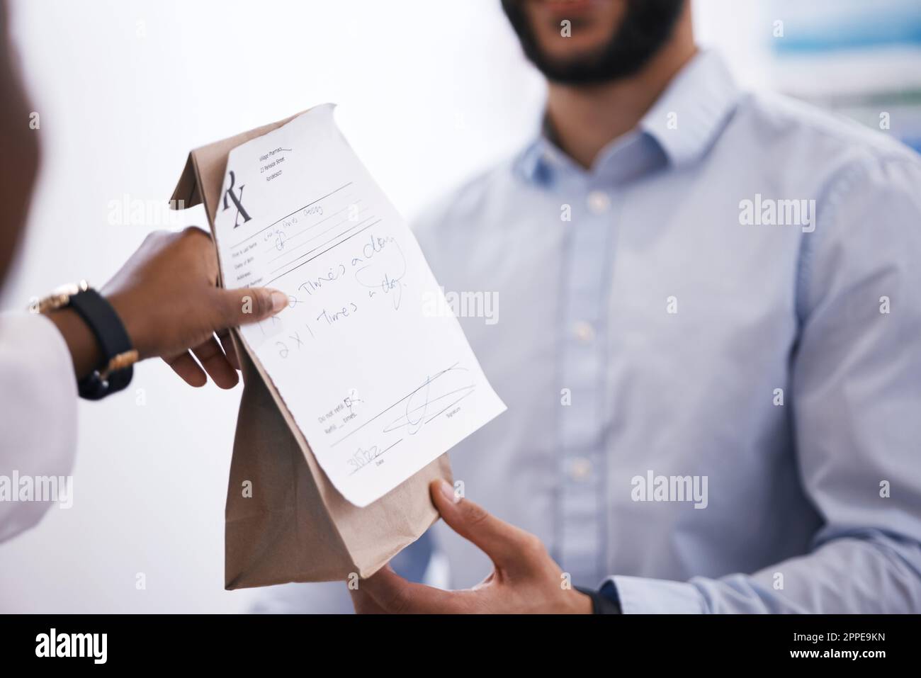 Customer, medicine or pharmacist hands a bag in drugstore with ...