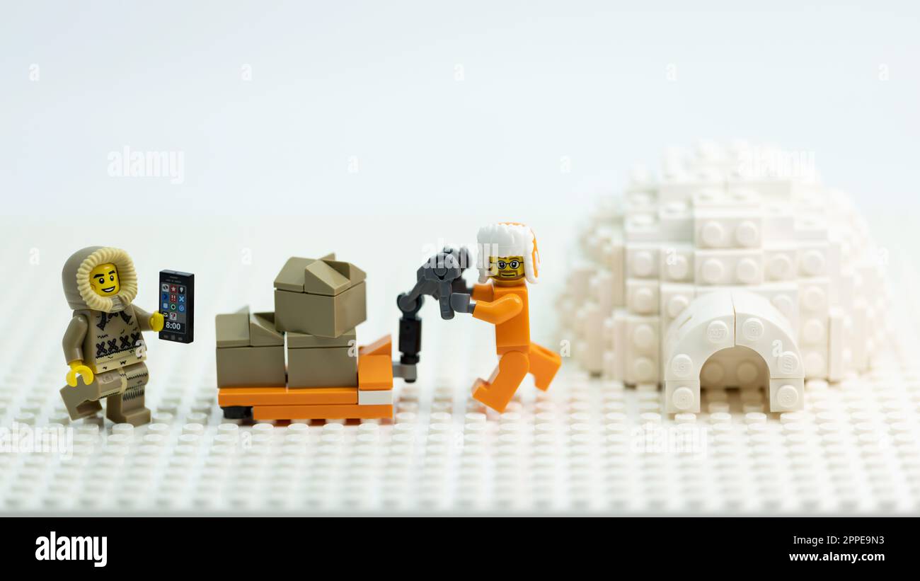 Hong Kong -April 23 2023: man dress like inuk and living in snow house ...