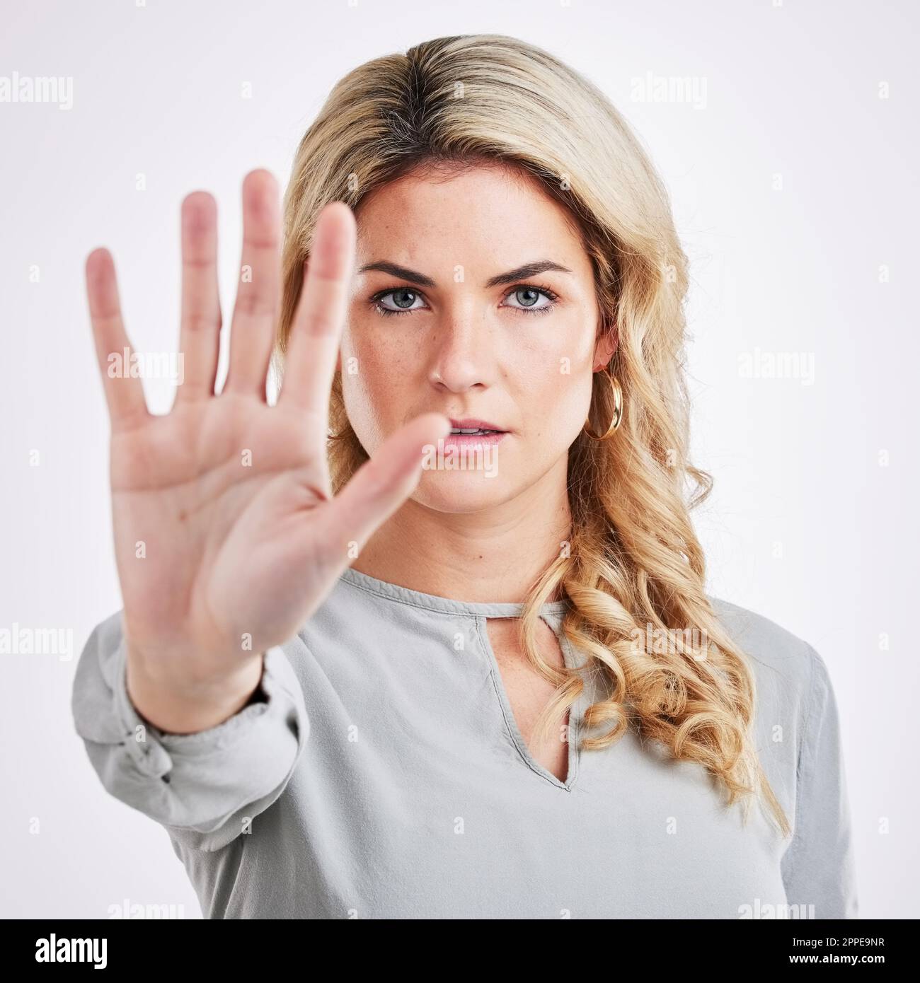 Stop hand, woman and portrait in a studio with protest, emoji and ...