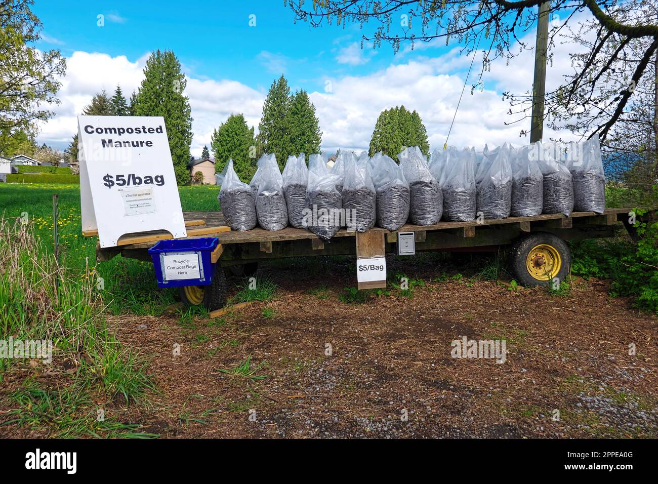 Bagged composted steer manure for sale on a flatbed trailer for $5.00 ...
