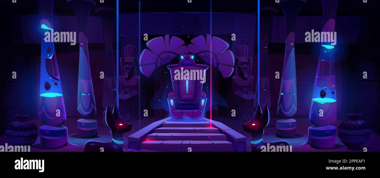 Futuristic dark pharaoh throne room with neon blue light. Vector ...