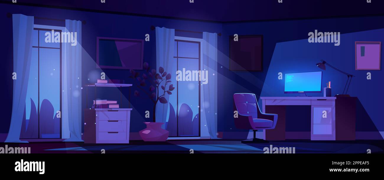 Night work office room with magic light vector background. Dark empty ...