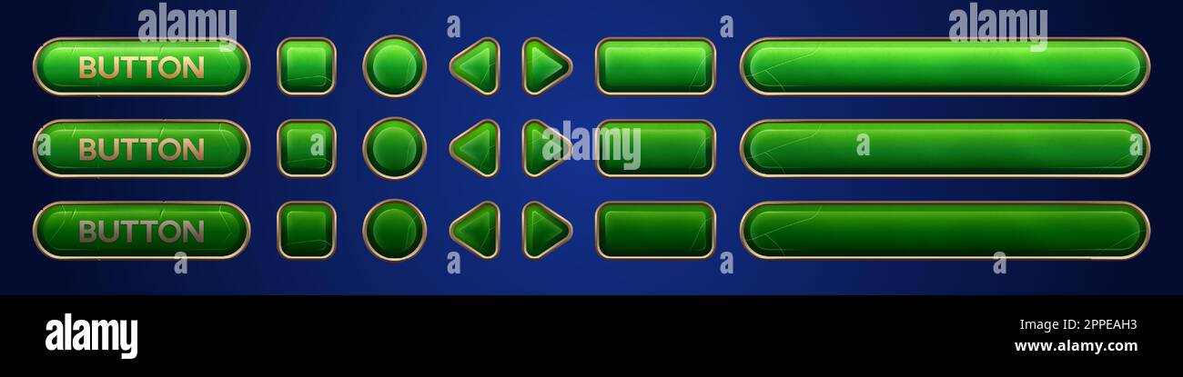 Green ui vector button animation for game interface cartoon set. Hover banner gold frame design ...