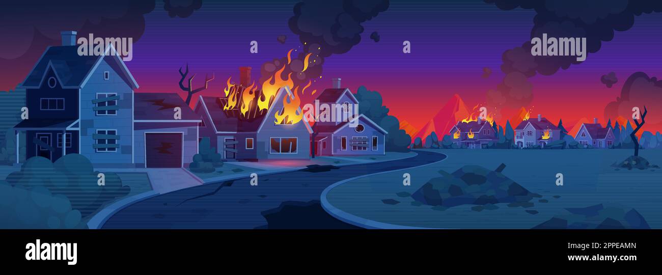 Apocalypse city road with fire building cartoon background. War on broken street with earthquake ...