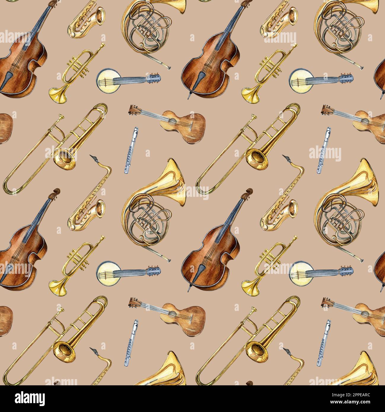 Musical instruments seamless pattern watercolor isolated on beige ...