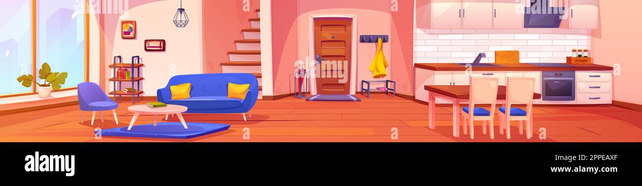 Panoramic view of cartoon home interior with furniture. Vector ...