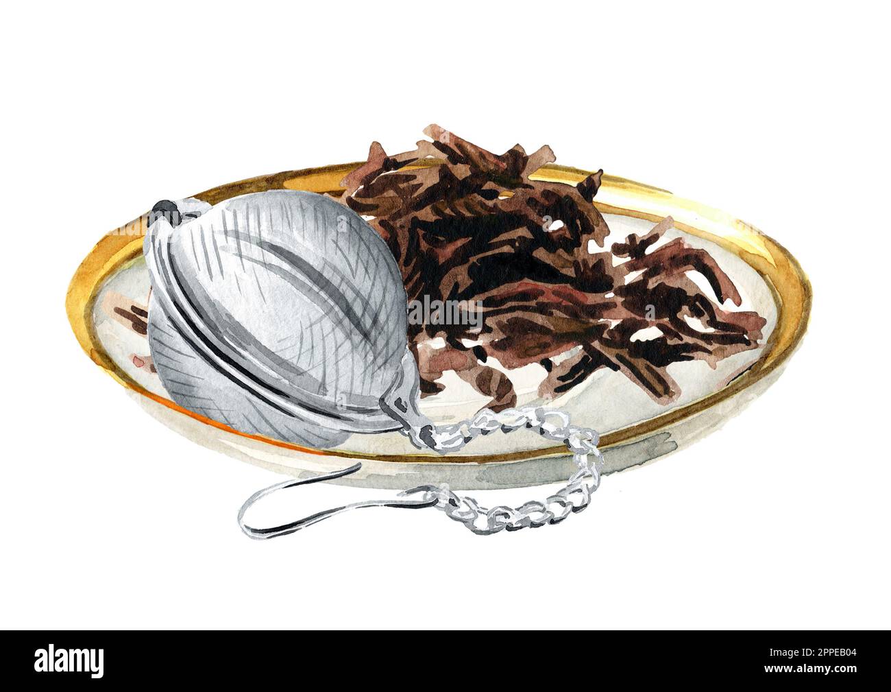 Black tea brew and Tea Brewing sieve. Hand drawn watercolor ...