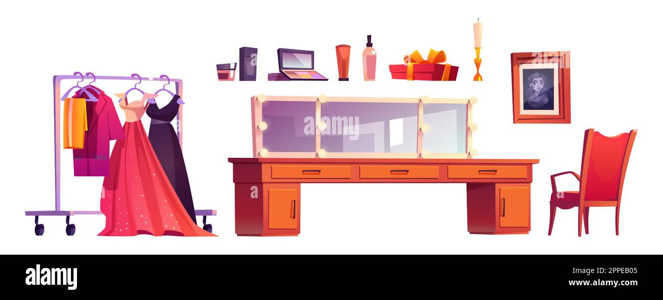 Makeup room with dressing table, mirror and dresses on hanger. Theater ...