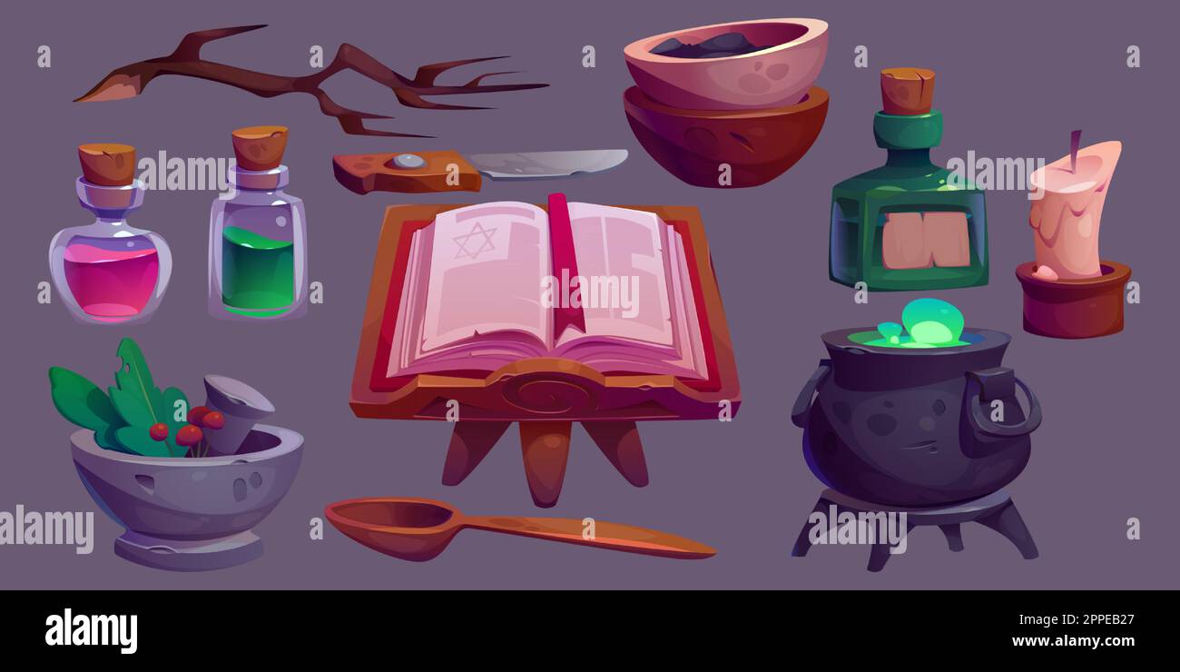 Witch house with magic book. Old alchemist halloween laboratory room ...