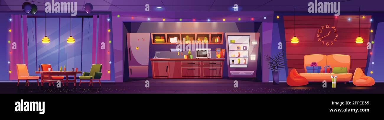 Party in evening office break room with kitchen. Festive coffee rest ...