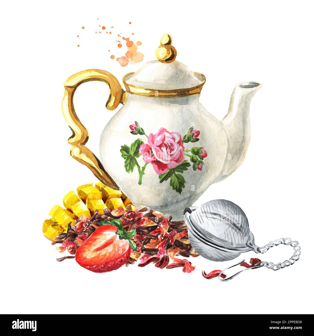 Fruit tea, teapot and Tea Brewing sieve. Hand drawn watercolor ...