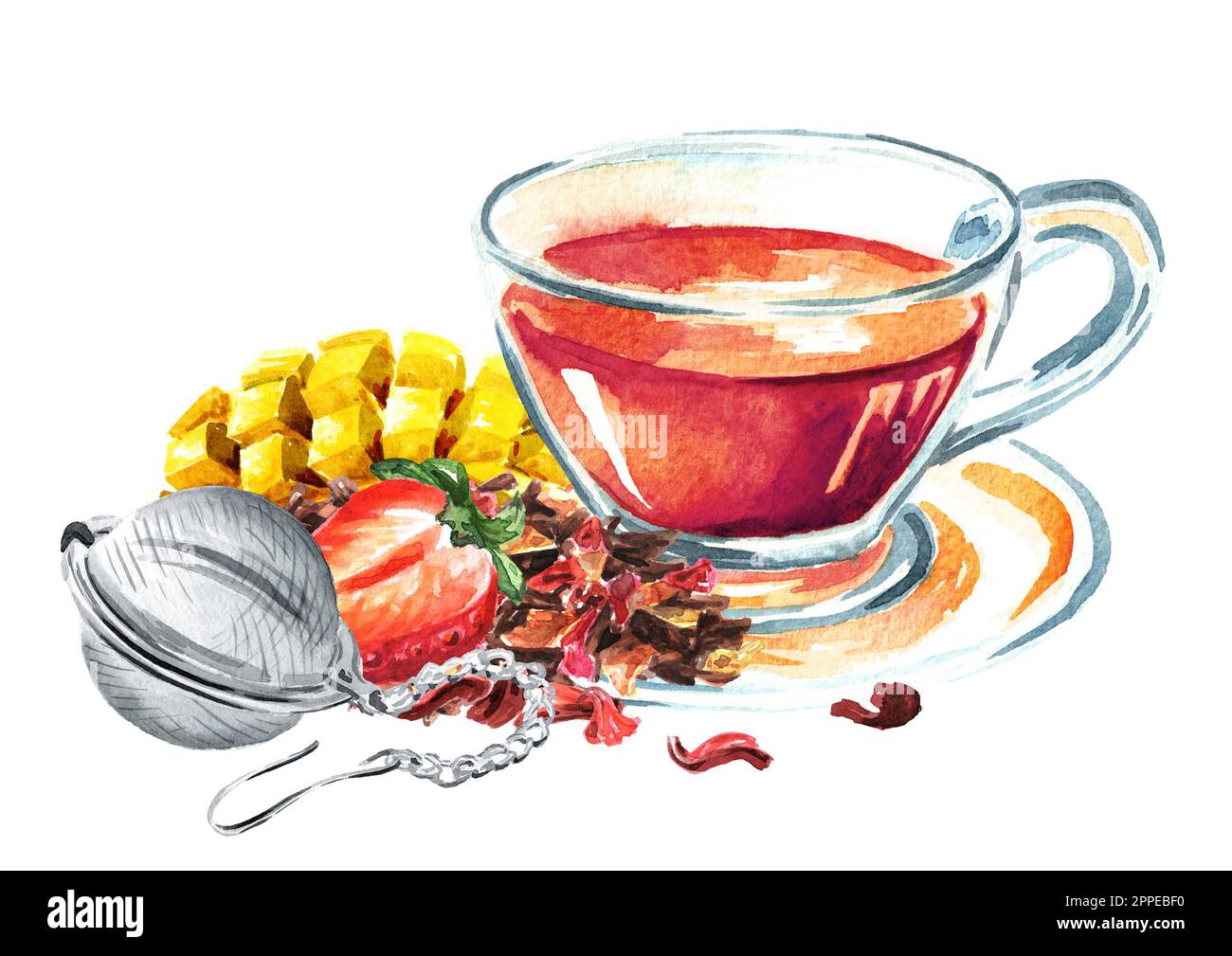 Fruit tea, cup of tea and Tea Brewing sieve, Hand drawn watercolor ...