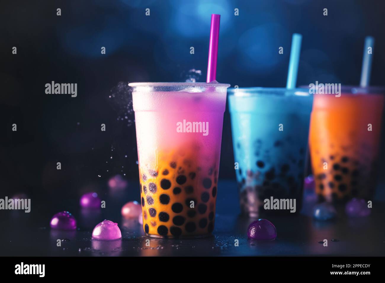 Variety of fruit cocktails, popular bubble tea, chocolate fruit flavor ...
