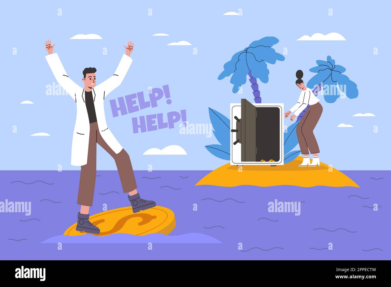 Financial problem. Sinking bankrupt man. Worried woman with empty safe ...