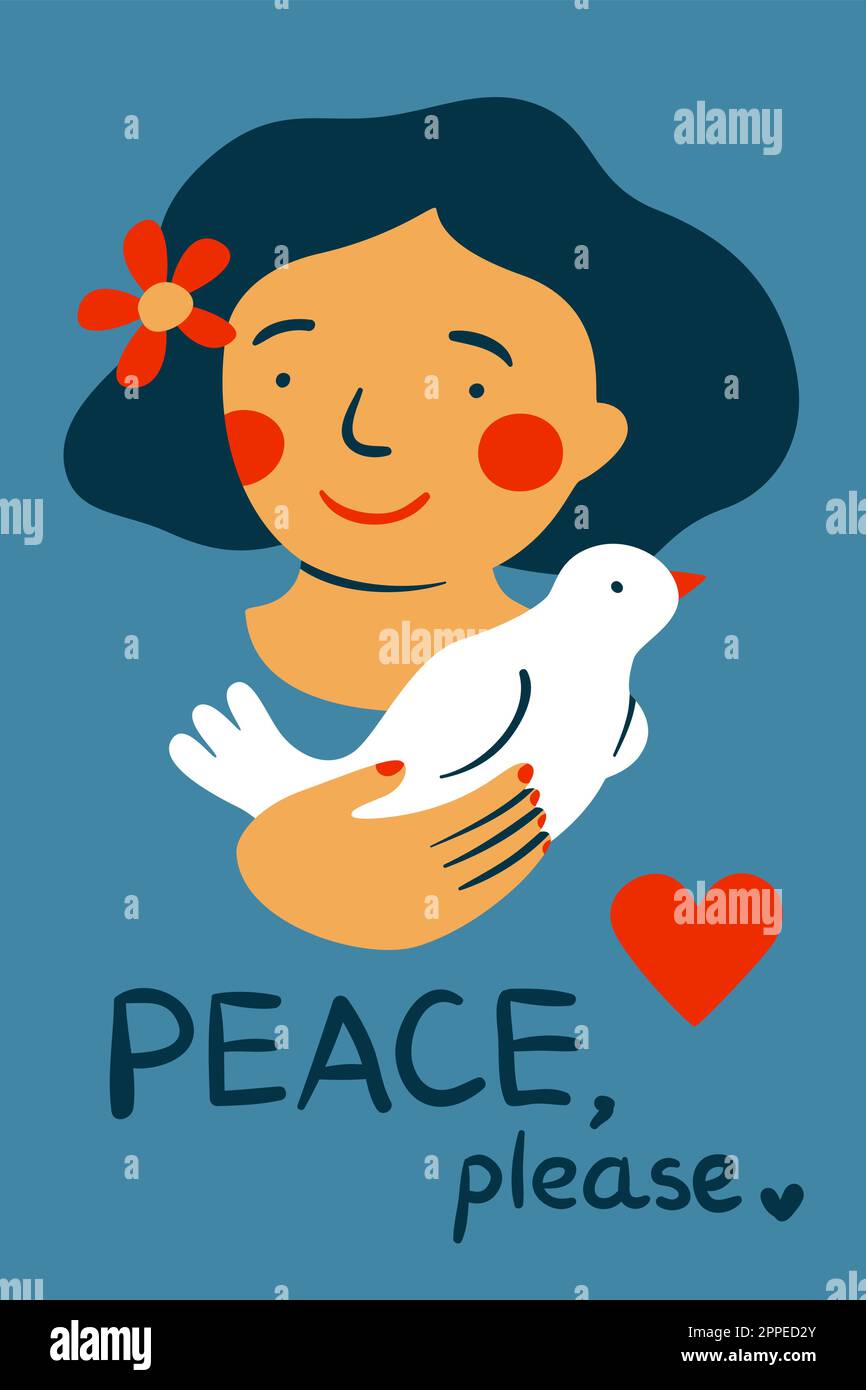 Peace card. Female portrait. Woman with dove. Pacifism poster. Girl ...