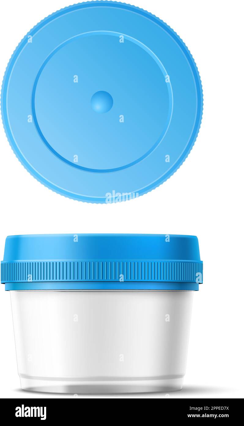 Transparent food container. Realistic plastic product box with blue cap ...