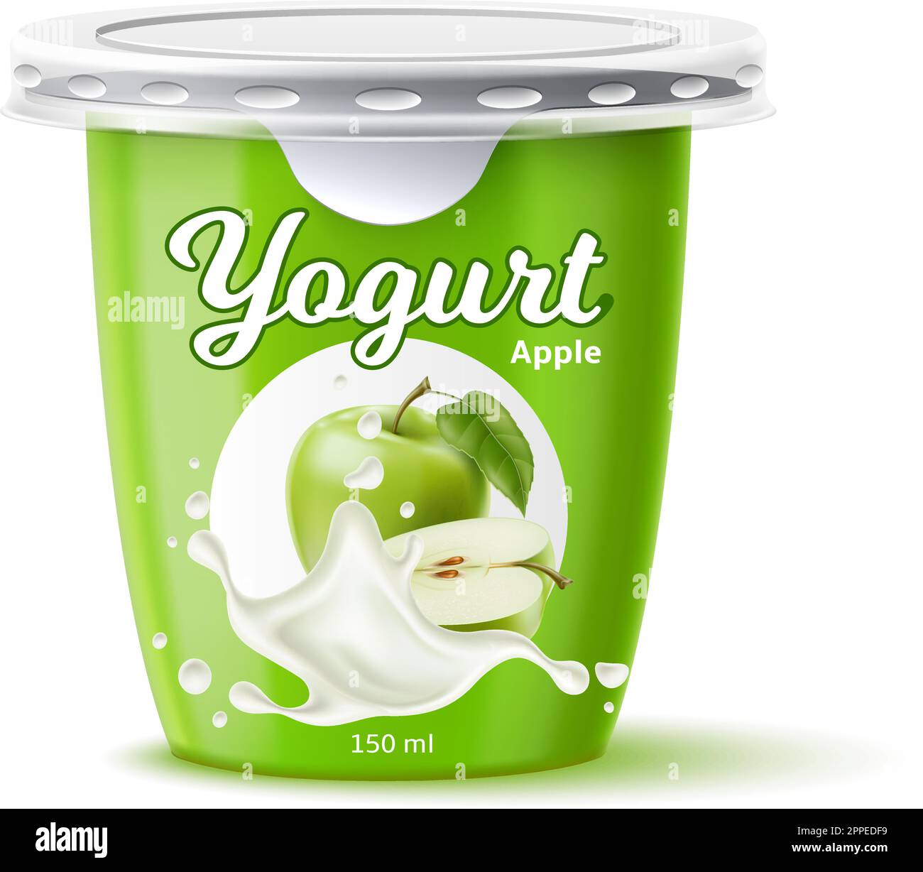Yogurt package design. Dairy product. Juicy green apple. Fruit taste ...
