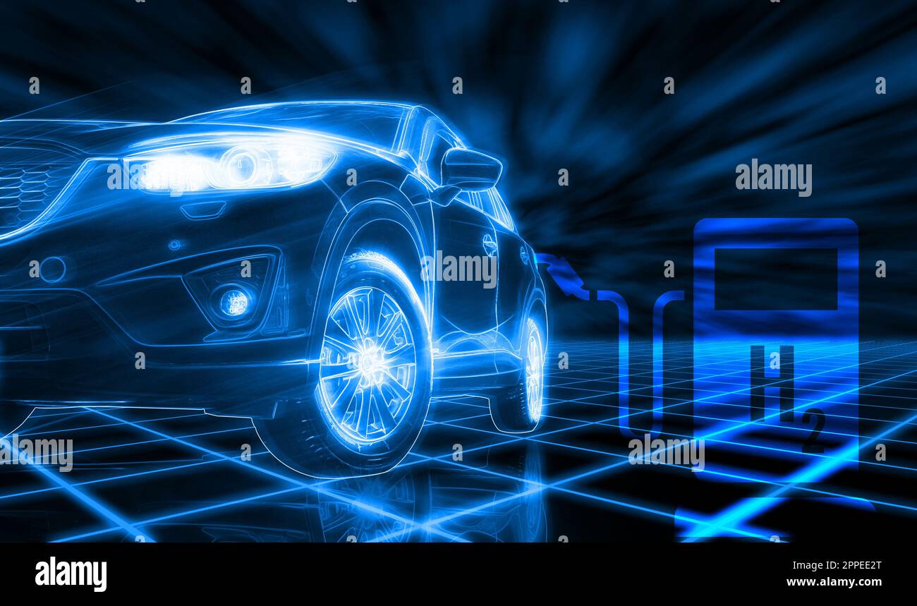 Electric car filling H2 at hydrogen fueling station. H2 Fuel cell ...