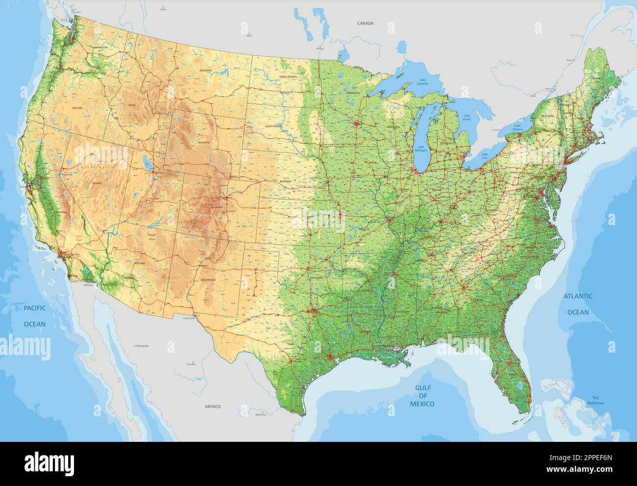 Complex USA physical map with every major city, roads and hydrography ...
