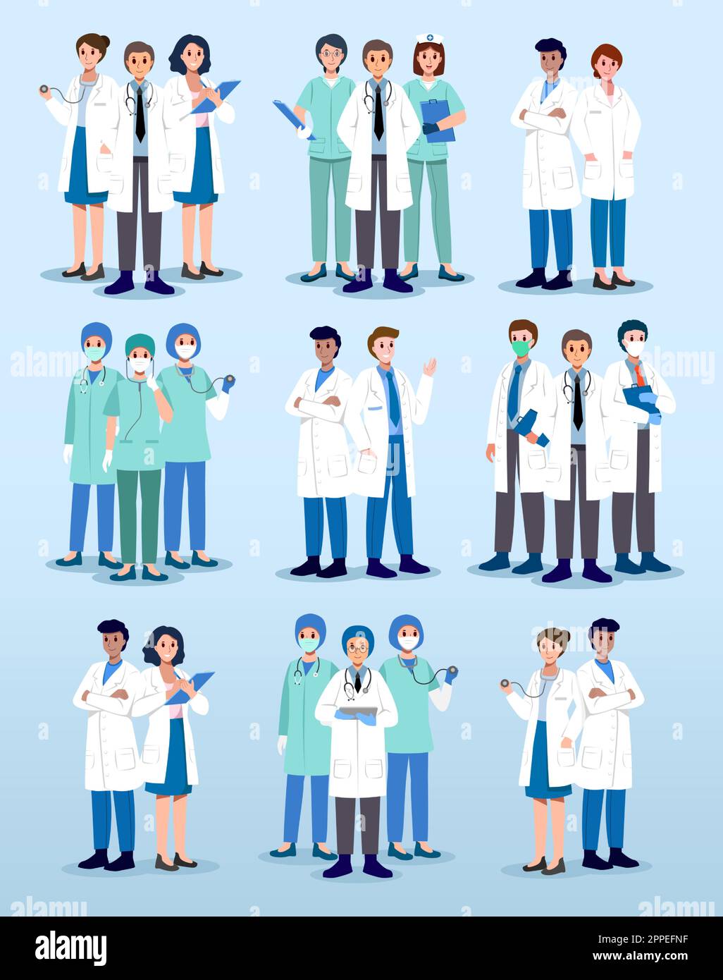 Set of medical team . Physician and nurse cartoon characters . Flat ...