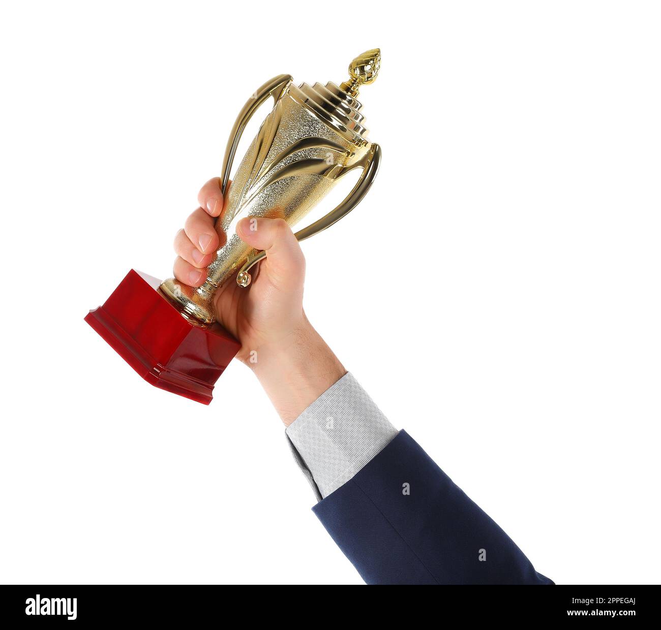 Businessman Holding Gold Trophy Cup On White Background Closeup Stock