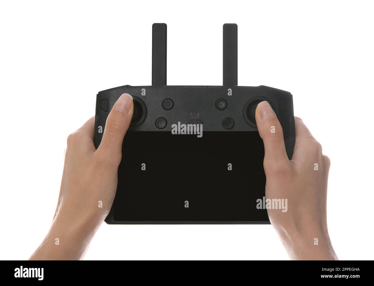 Woman holding modern drone controller on white background, closeup of ...