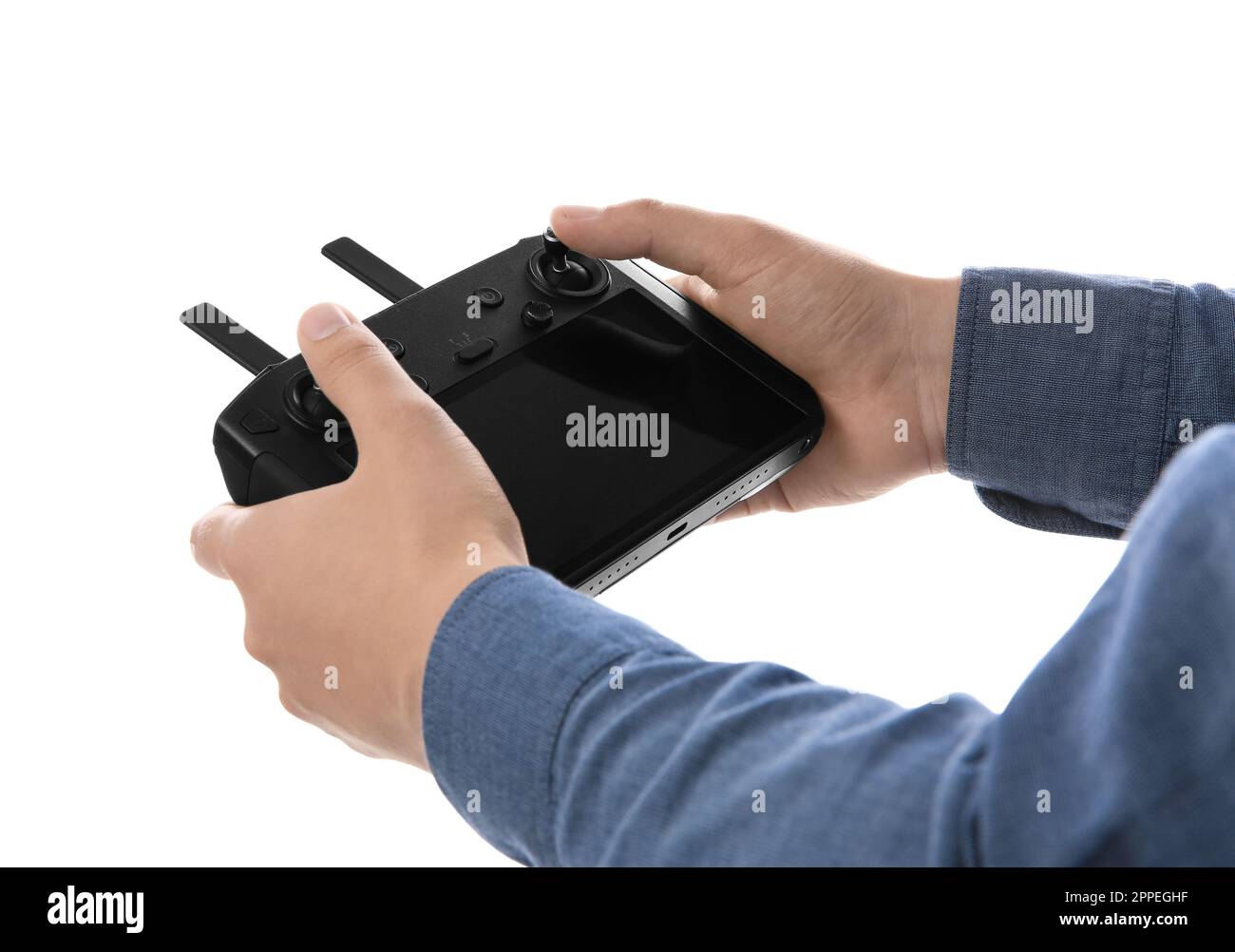 Man holding new modern drone controller on white background, closeup of ...