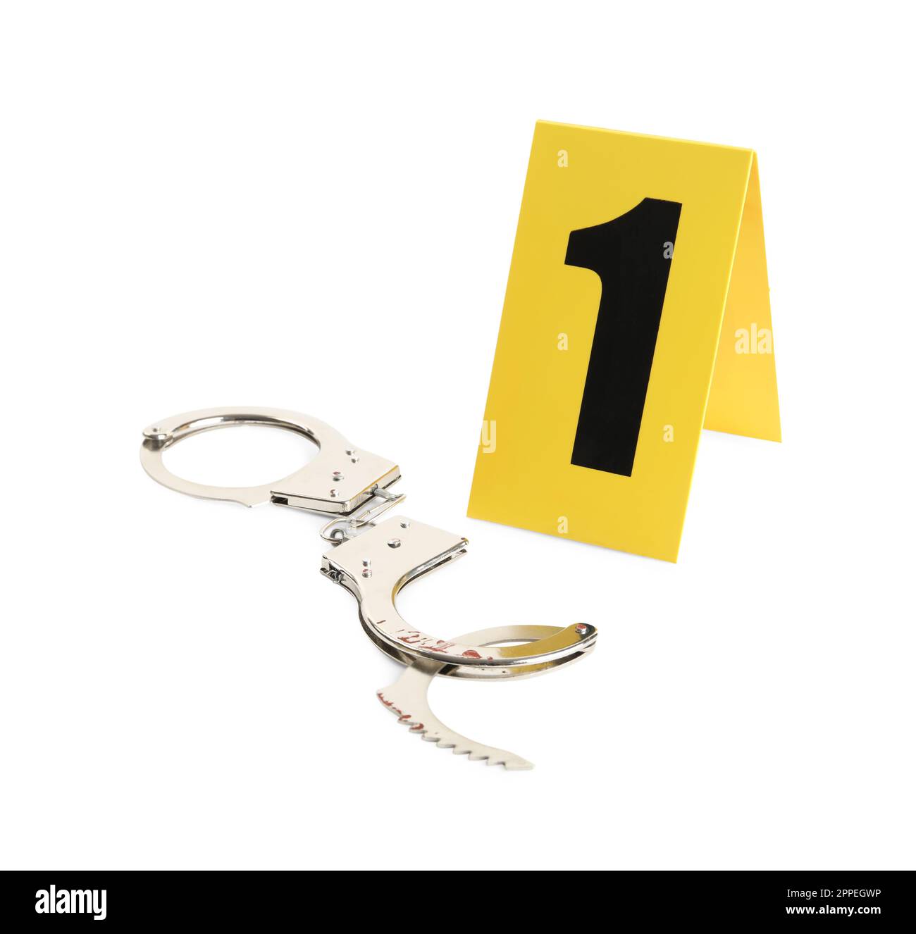 Handcuffs and crime scene marker with number one isolated on white ...