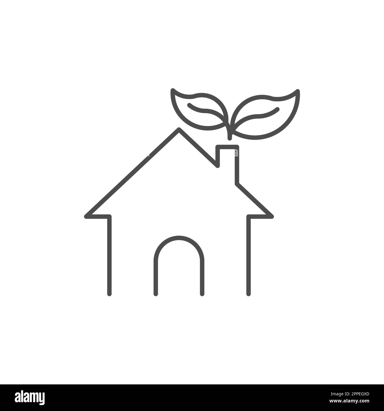 Eco house related vector linear icon. Home with leaf from the pipe ...