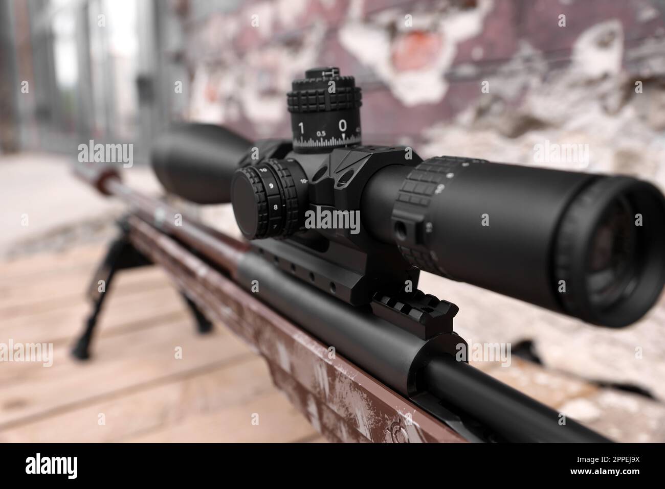 Closeup view of modern powerful sniper rifle with telescopic sight ...