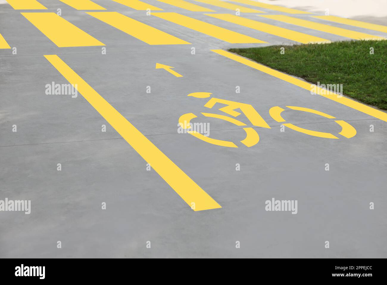 Bike lane with painted yellow bicycle sign and arrow near pedestrian ...