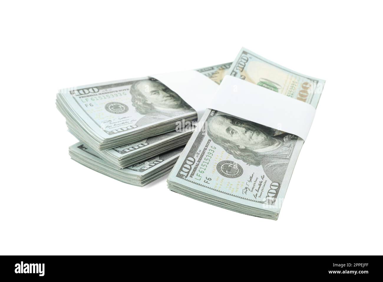 Bundles of dollar banknotes isolated on white. American national ...