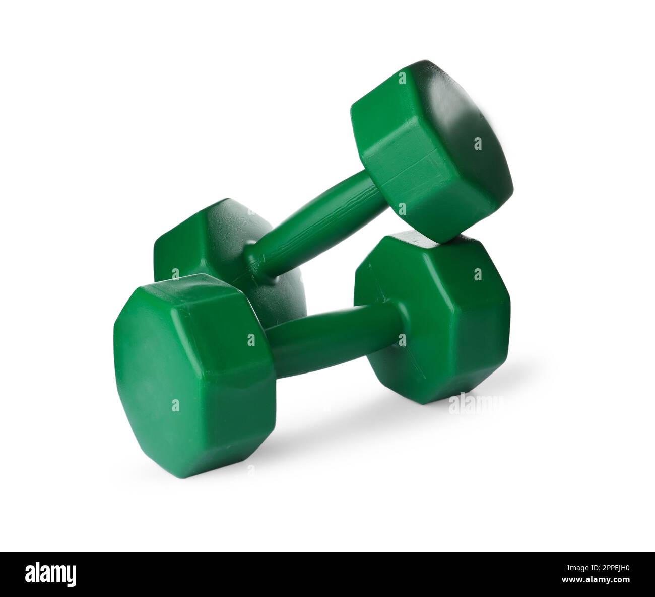 Green dumbbells on white background. Weight training equipment Stock ...