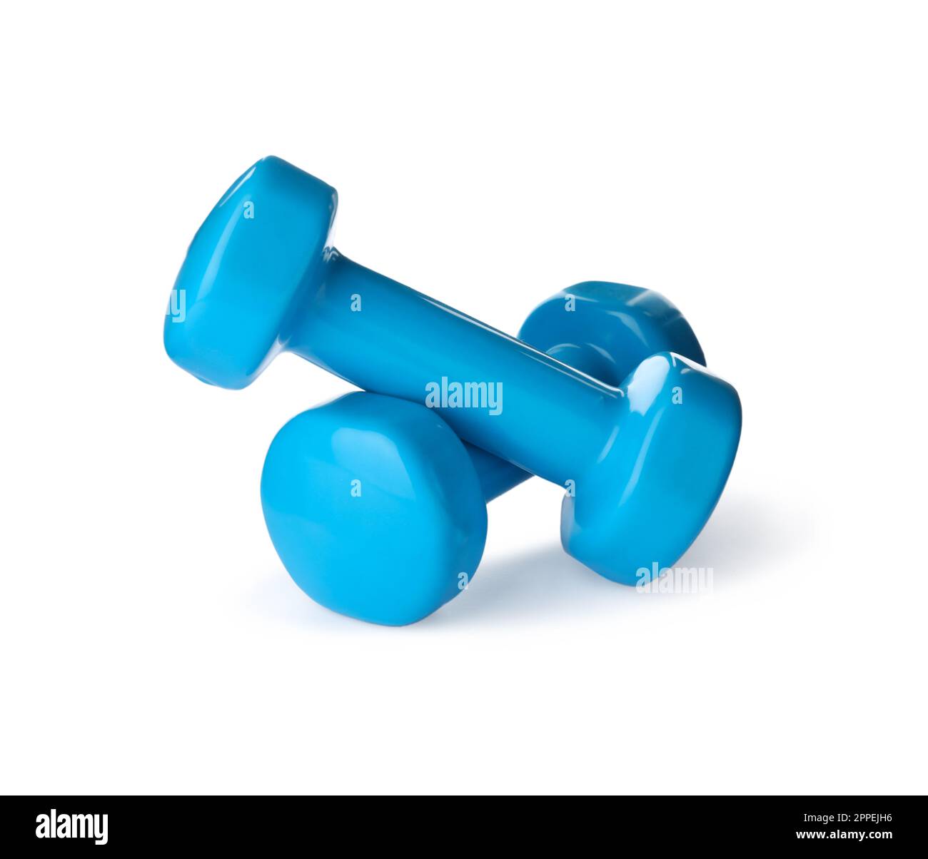 Light blue dumbbells on white background. Weight training equipment ...
