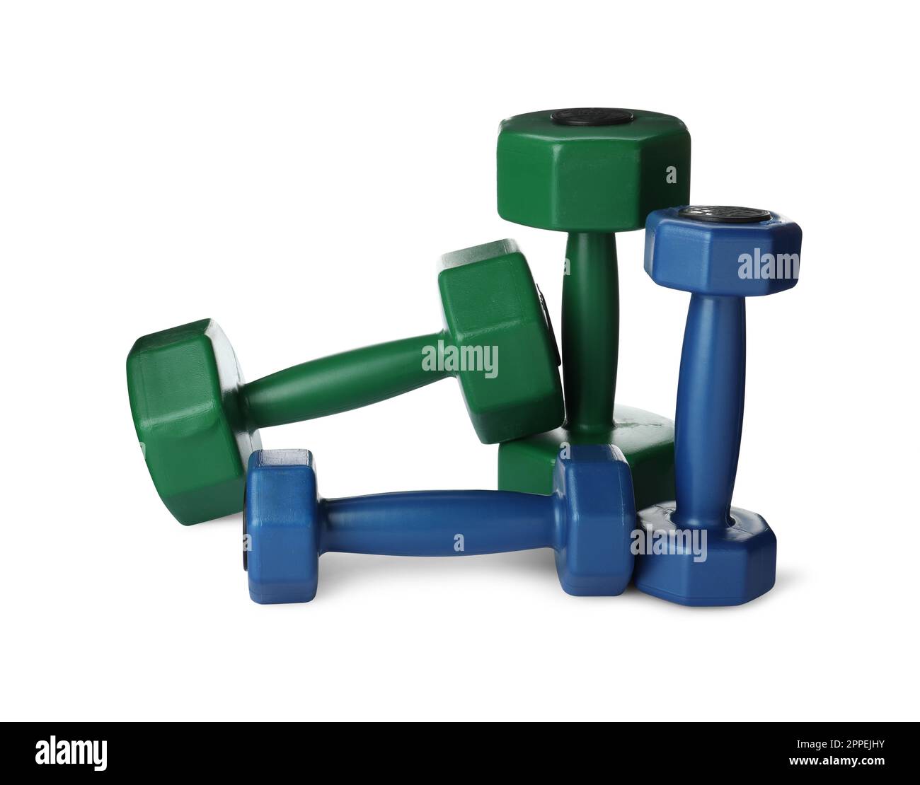 Colorful dumbbells on white background. Weight training equipment Stock ...