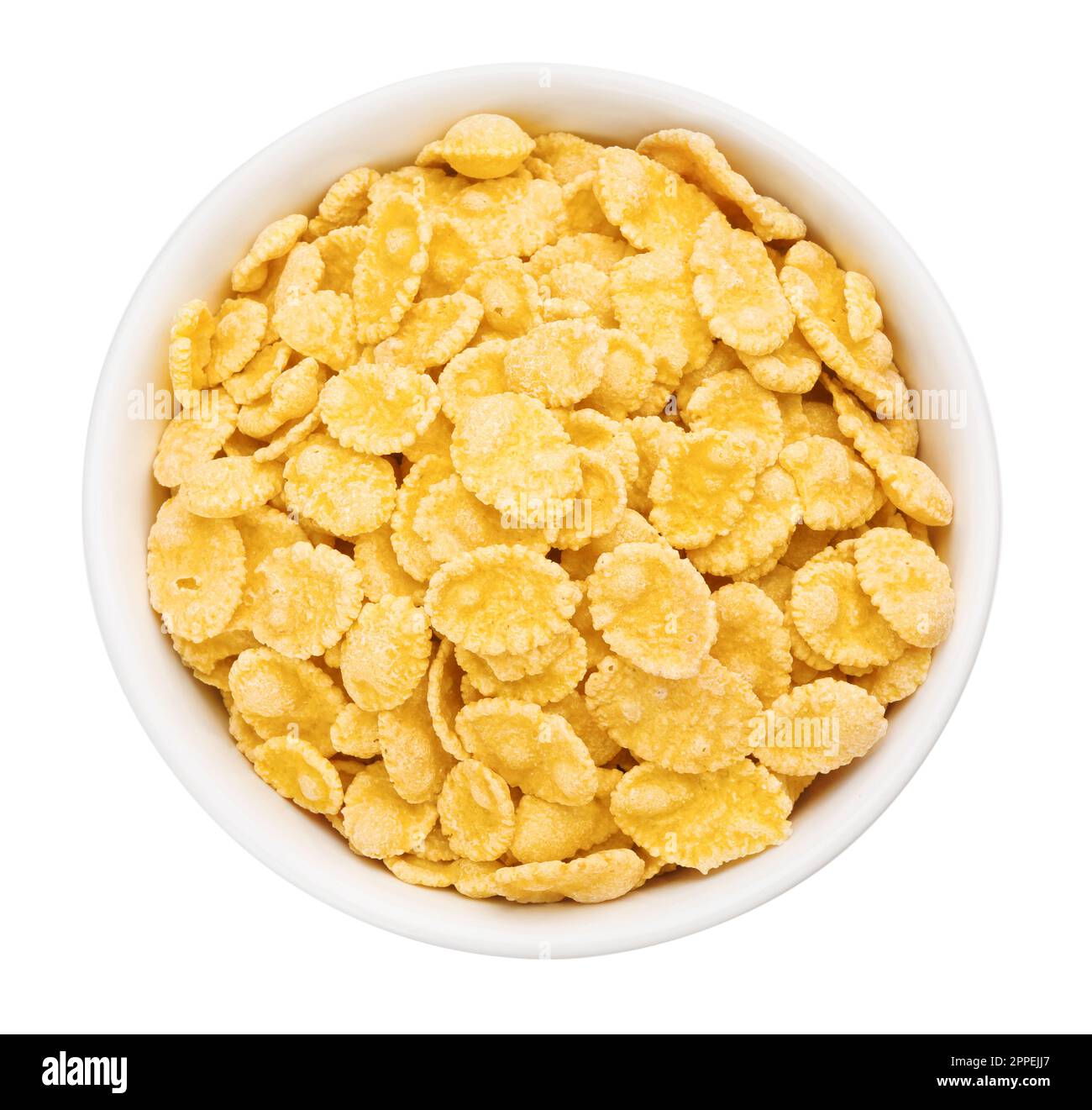 Bowl of tasty corn flakes isolated on white, top view Stock Photo - Alamy