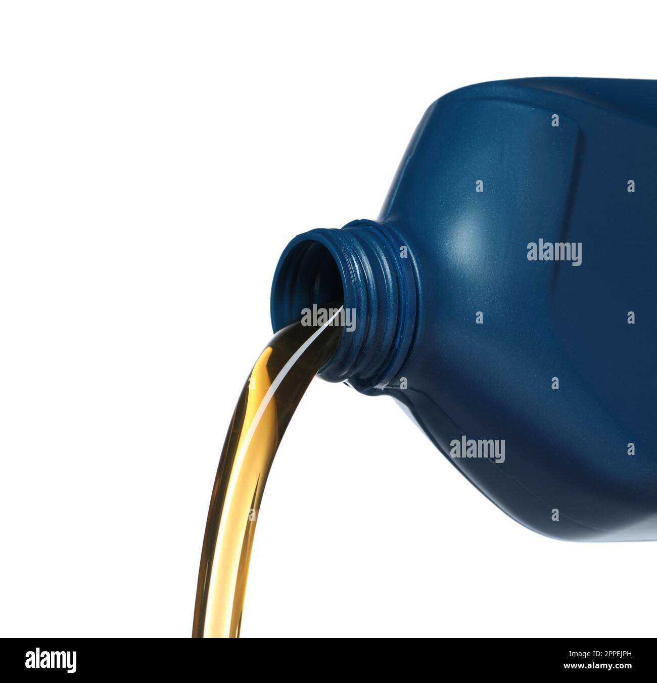 Pouring motor oil from blue container on white background, closeup ...