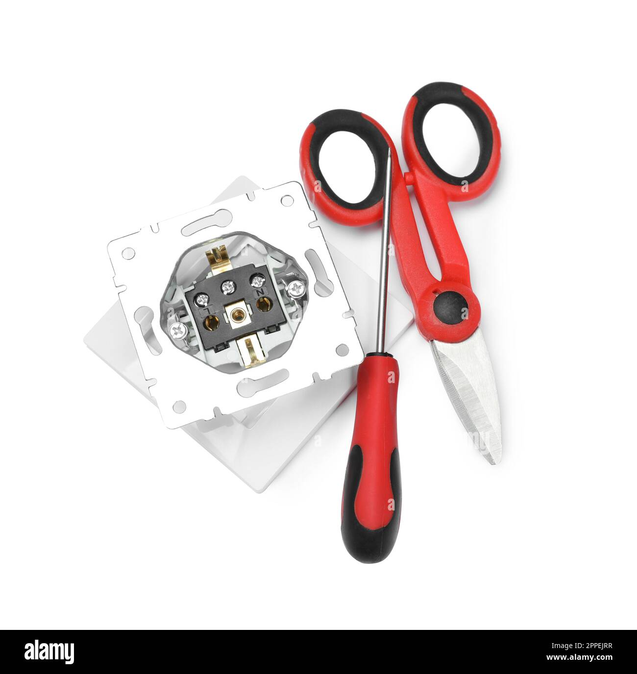 Socket and electrician's tools isolated on white, top view Stock Photo ...