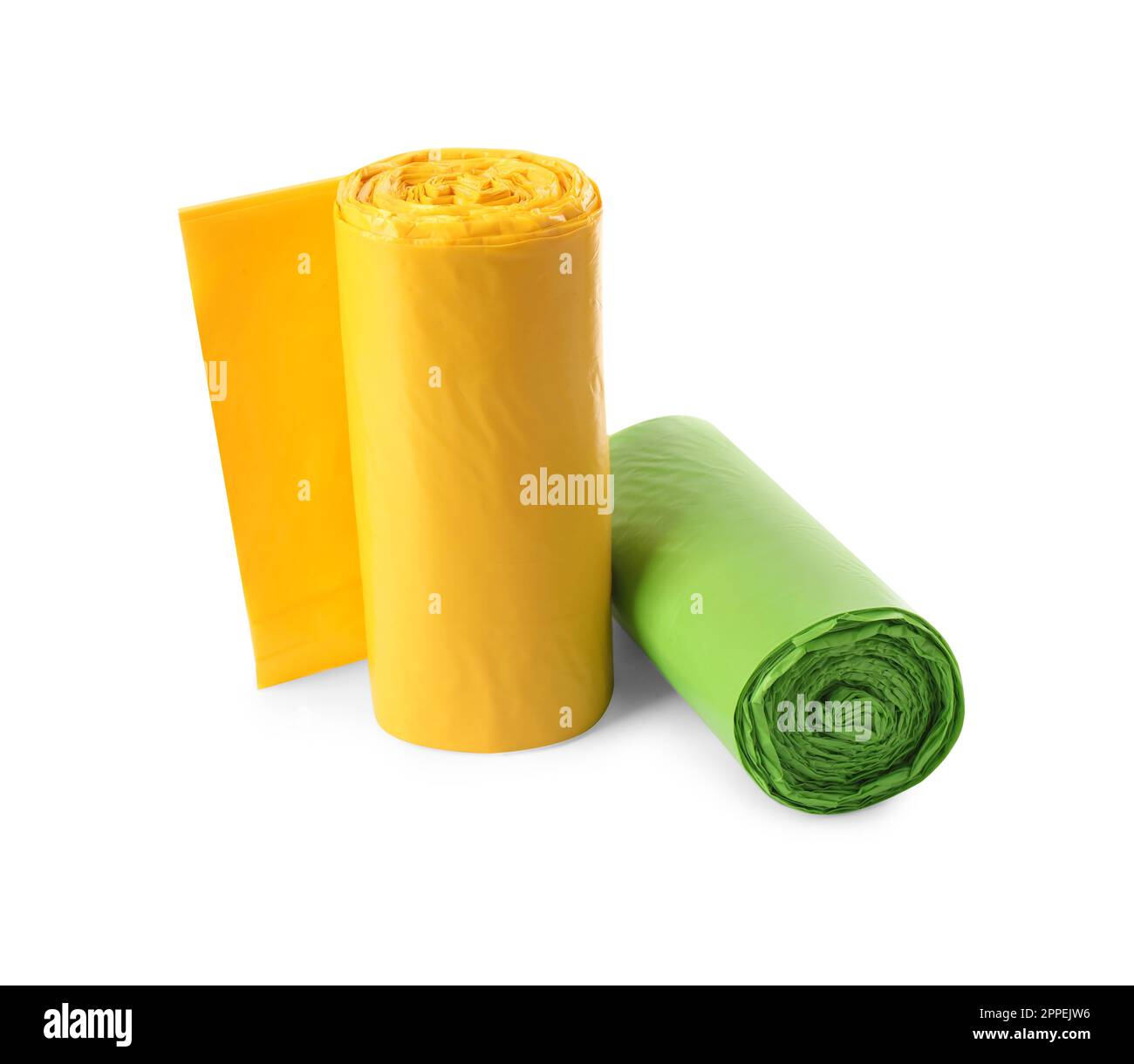 Rolls of green and yellow garbage bags on white background Stock Photo ...